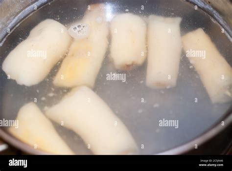 Cooking Cassava In A Pot With Boiling Water Manihot Esculenta
