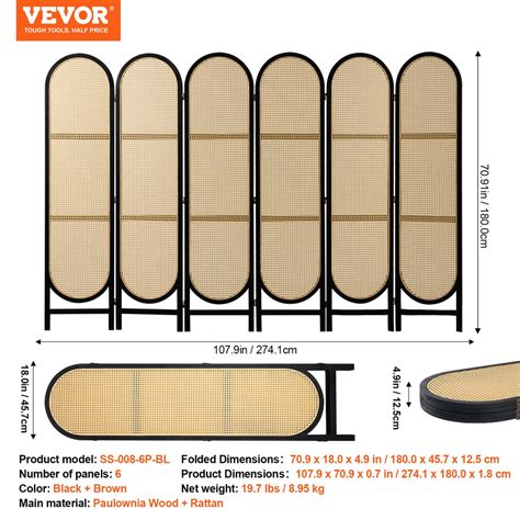 Vevor Room Divider 6 Panel Handwoven Rattan Freestanding Partition New