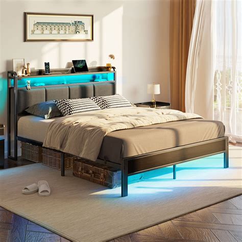Rolanstar Bed Frame With Charging Station And Led Lights Upholstered