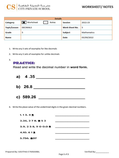Grade 5 Decimals Worksheet Pdf
