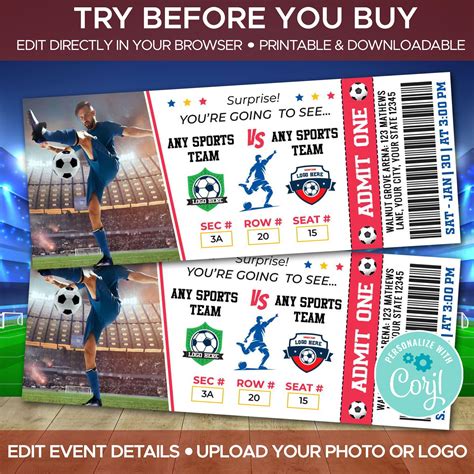 Editable Soccer Game Ticket Template Printable Sports Game Ticket Etsy