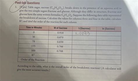 Solved Post Laby Questions 1 9 Prs Table Sugar Sucrose