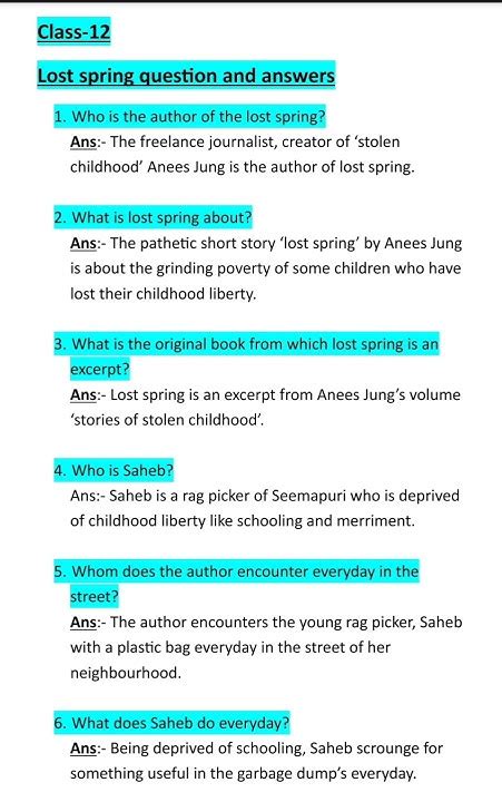 Class 12 English Lost Spring Question And Answers English Answers