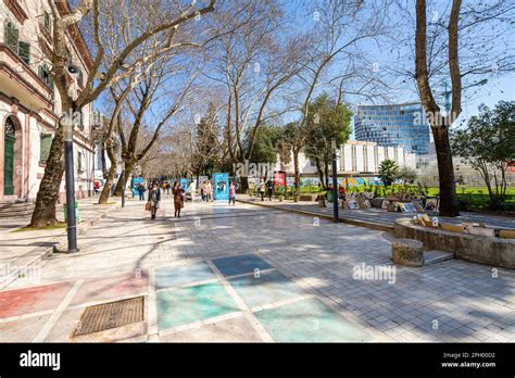 Tirana Albania March 2023 People Walking Along A Pedestrian Street