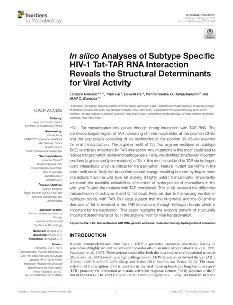Pdf In Silico Analyses Of Subtype Specific Hiv 1 Tat Tar Rna Interaction Reveals The