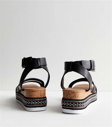 Black Leather Look Embellished Flatform Sandals New Look