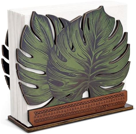 Wooden Napkin Holder Leaves Design Cute Sage Green Monstera