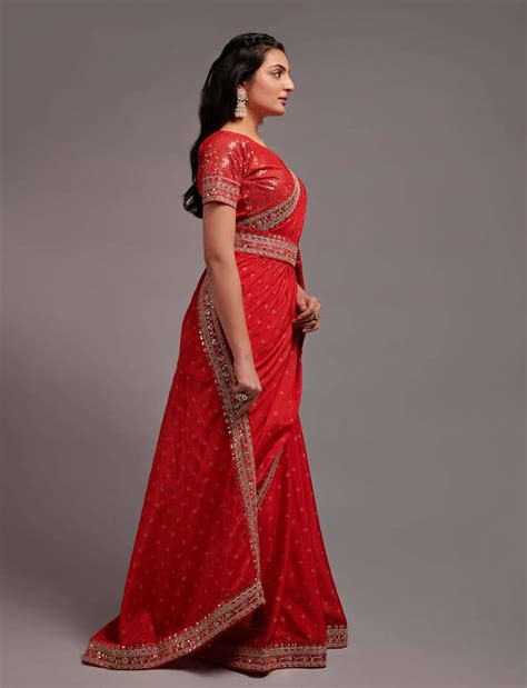 Red Chinon Party Wear Saree Yash Enterprise 4206291