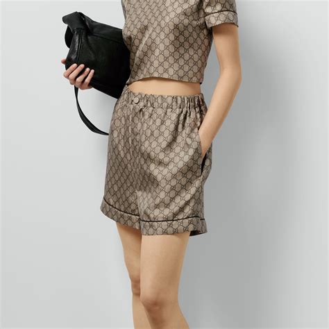 Gg Supreme Print Silk Shorts In Beige And Ebony Gucci® Us
