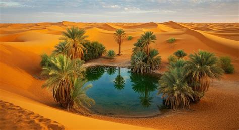 Oasis In A Desert Landscape Features A Small Pond Surrounded By Verdant
