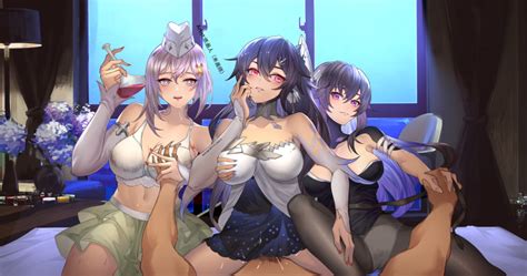 Rule 34 1boy 3girls Bed Bedroom Black Hair Blue Hair Blush Breast