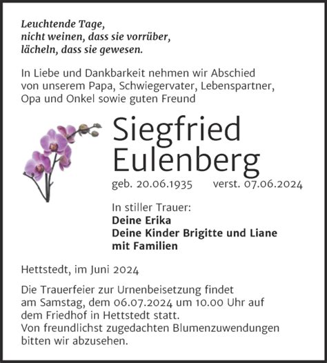 Traueranzeigen Von Siegfried Eulenberg Abschied Nehmen De