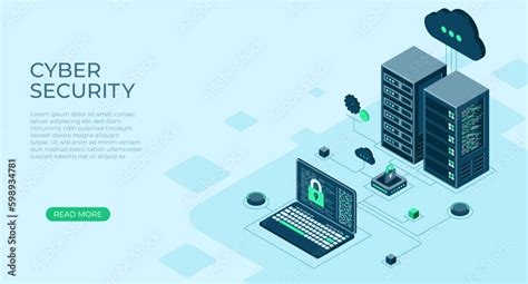 Cyber Data Security Internet Security Isometric Concept Server Room Connected With Laptop