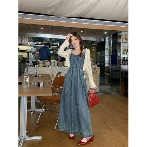 해외 배송 여성 소녀 데님 나시 롱원피스 그물 가디건 옵션