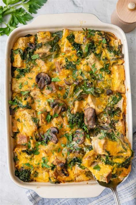 Cheesy Breakfast Egg Strata Kale And Mushrooms Feel Good Foodie