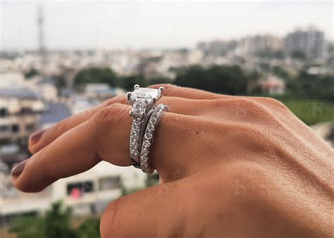 Three Stone Princess Wedding Ring Set Simulant Diamond 3 Stone Princess Engagement Ring Set