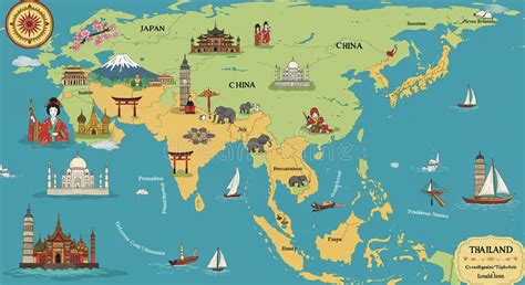 Colorful Illustrated Map Of Asia Featuring Iconic Landmarks And