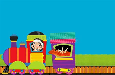 Cartoon Funny Looking Colorful Train Locomotive Wagon With Dino