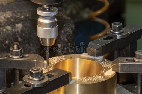 The Drilling Process On Nc Milling Machine With Brass Material Stock Image Image Of Hole
