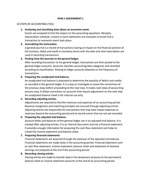 Xfar 1 Assignment 1 None Xfar 1 Assignment 1 10 Steps Of Accounting Cycle Analyzing And