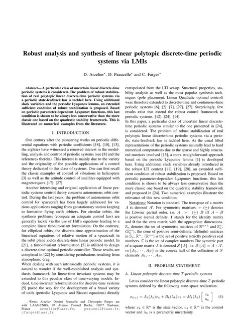 Pdf Robust Analysis And Synthesis Of Linear Polytopic Discrete Time Periodic Systems Via Lmis