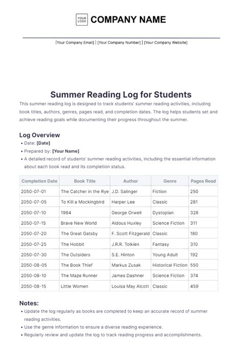Free Summer Reading Log For Students Template To Edit Online