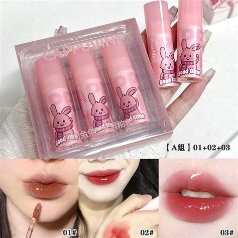 Gecomo Cute Rabbit Mirror Lip Glaze Set Pink Bunny Scarf Water Glow