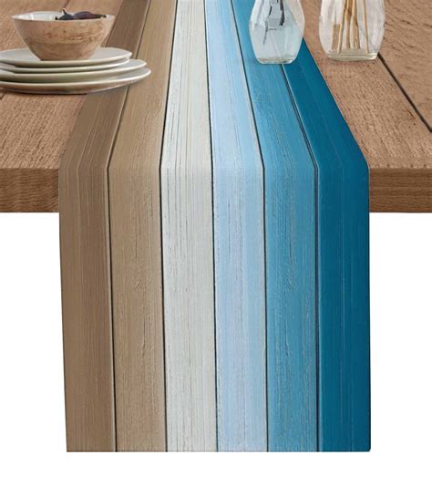 Erunponly Blue Beige Brown Table Runner 108 Inch Long Country Retro Gradient Wooden Grain