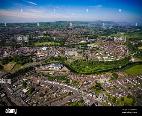 Aerial Of Lisburn City With The Island Arts Centre On The River Lagan