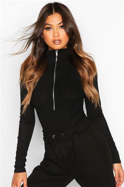 Ribbed Long Sleeve Zip Up Bodysuit Graduation Dress Plus Size