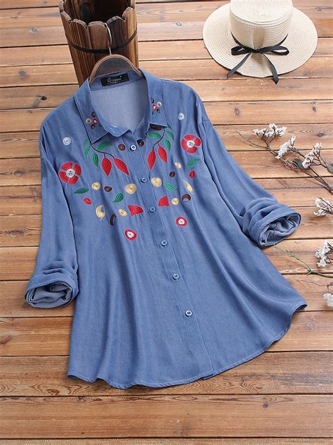 Plus Size Vintage Flowers Embroidered Lapel Denim Shirts