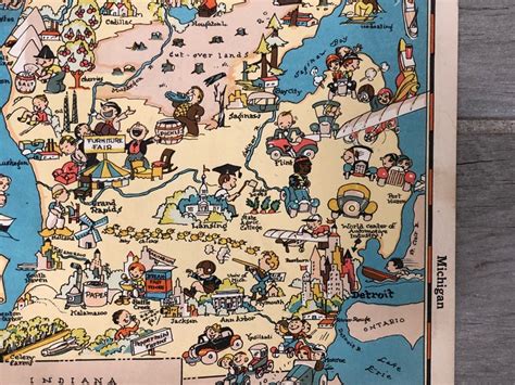 Michigan Map Illustration Vintage Michigan Art Cartoon Map Etsy