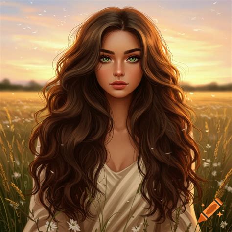 Portrait Of A Beautiful Woman With Long Wavy Brown Hair And Green Eyes