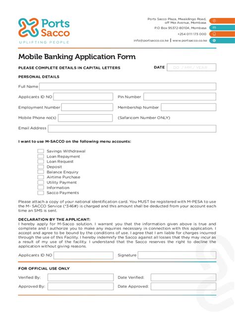 Fillable Online Ports Sacco Mobile Banking Application Form Fax Email