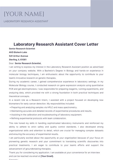 Free Laboratory Research Assistant Cover Letter Template To Edit Online