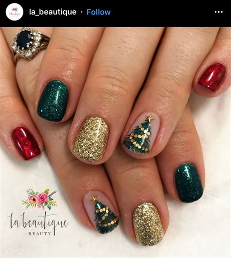 Golden Christmas Tree Nails Christmas Gel Nails Christmas Tree Nails