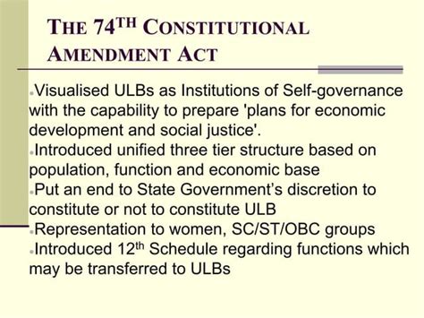 Implementation Of 74th Constitutional Amendment Act 1992 India Ppt
