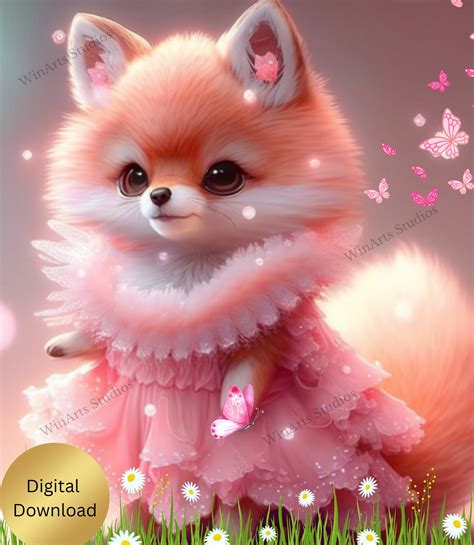 Cute Fox In Pink Dress Art Printable Digital Instant Download Digital