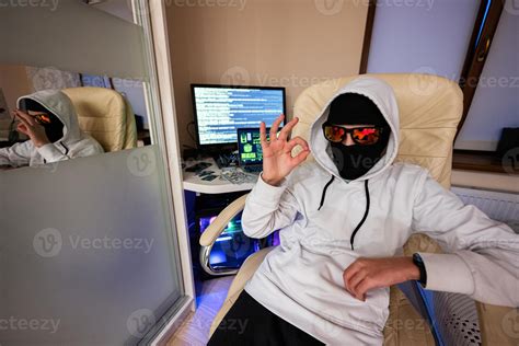 Boy Hacker Shows Ok Sign Internet Theft Man Wearing A Balaclava Sat
