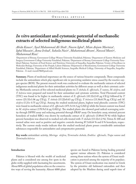 Pdf In Vitro Antioxidant And Cytotoxic Potential Of Methanolic Extracts Of Selected Indigenous