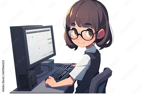 Asian Anime Female Computer Programmer White Background Very Attractive