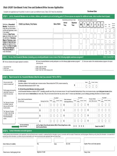 Utah Cacfp Enrollment Form Free And Reduced Price Income Application