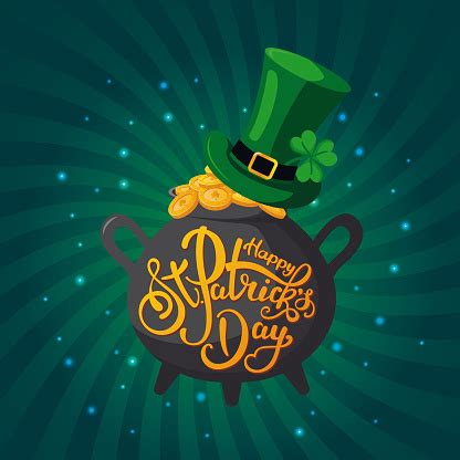 Kartu Ucapan Selamat Hari St Patrick Dengan Topi Dan Pot Emas Ilustrasi Stok Unduh Gambar