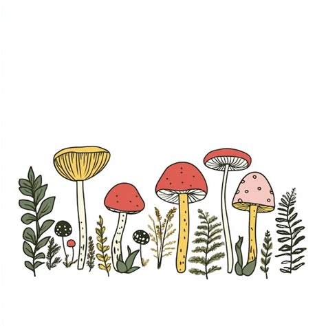 Minimalistic Line Art Of Cute Mushrooms And Ferns In Soft Pastel Colors