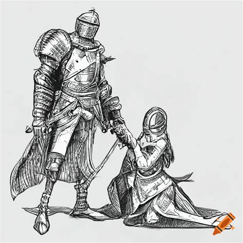 Majestic Male Knight With Sword And Female Kneeling Beneath Him In