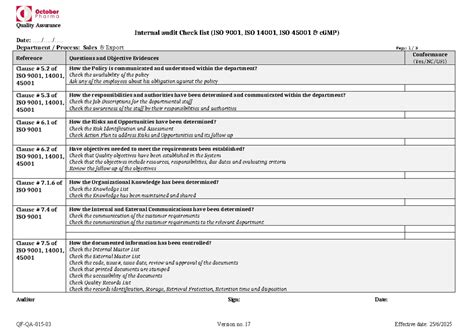 Sales Export Internal Audit Checklist Iso 9001 14001 45001 Studocu