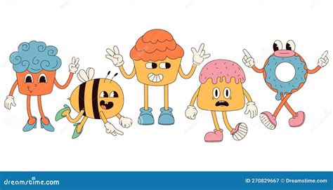 Groovy Hippie Happy Easter Characters Easter Bun Bee In Trendy Retro 60s 70s Cartoon Style