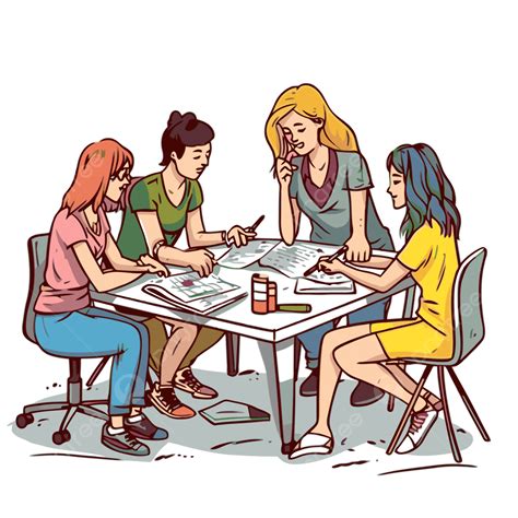 مجموعة عمل المتجه كرتون المرأة على طاولة مجموعة الدراسة ملصق قصاصة