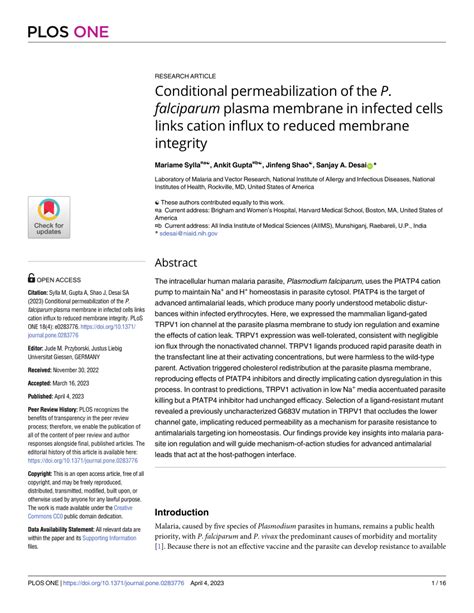 Pdf Conditional Permeabilization Of The P Falciparum Plasma Membrane In Infected Cells Links