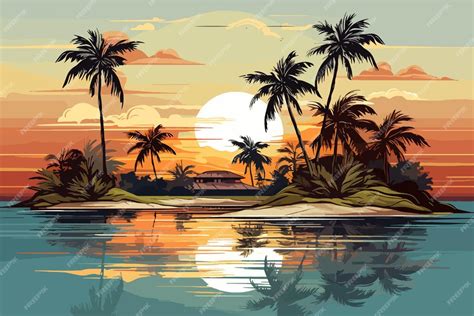 Premium Vector Tropical Sunset At Sea Palm Trees And Red Clouds
